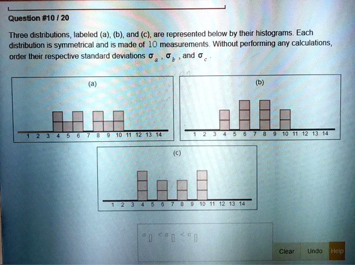 Question #10 / 20 Three distributions, labeled (a), (b), and (c), are ...