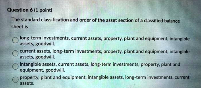 SOLVED: The standard classification and order of the asset section of a ...