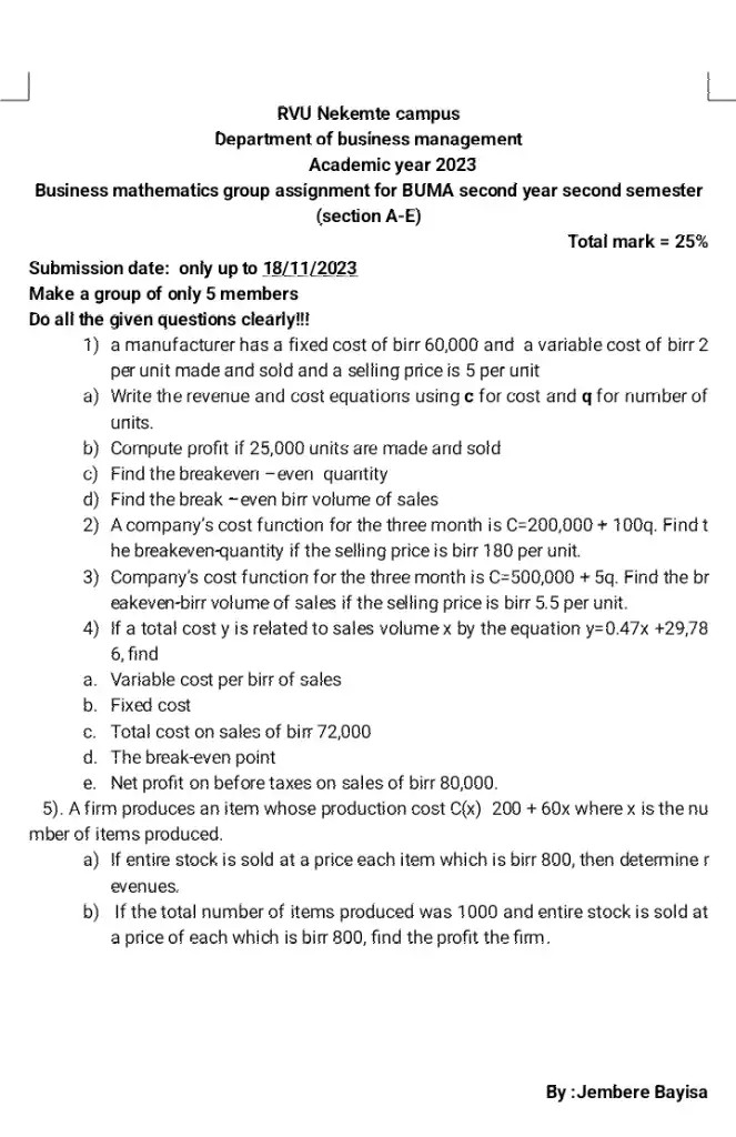 SOLVED: RVU Nekemte campus Department of business management Academic ...