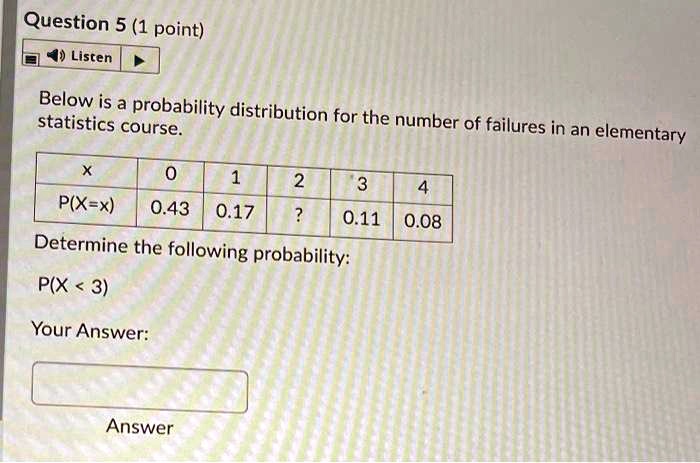 SOLVED: Question 5 (1 point) Listen Below is a probability distribution statistics course for ...