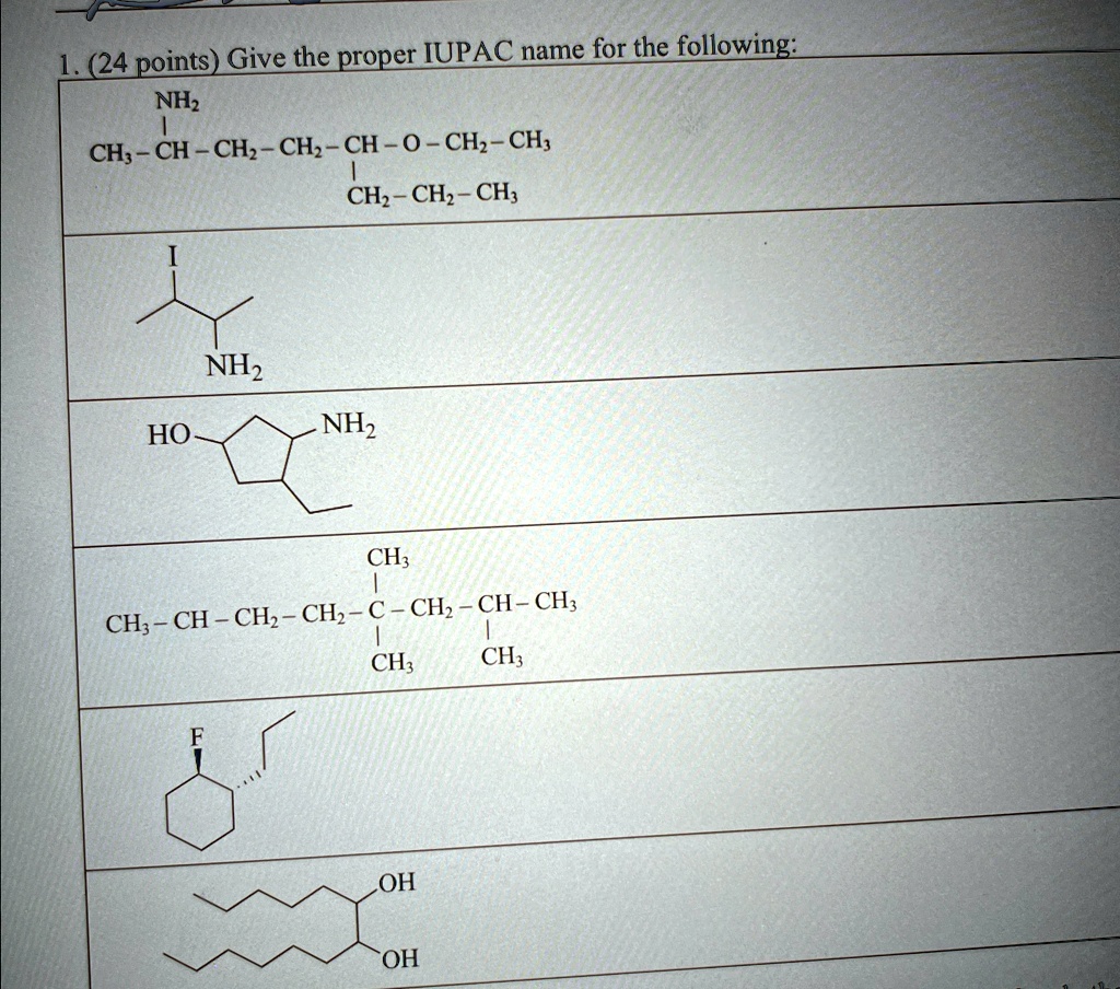 1. (24 points) Give the proper IUPAC name for the following: NH2 CH3-CH ...
