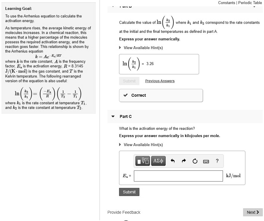 SOLVED: Constants Periodic Table Learning Goal: To use the Arrhenius equation to calculate the ...
