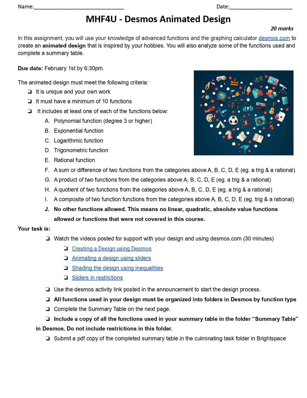 Name: Date: MHF4U - Desmos Animated Design 20 marks In this assignment, you will use your ...