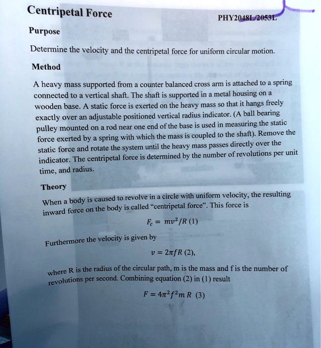 centripetal force phy204sl2053l purpose determine the velocity and the centripetal force for ...