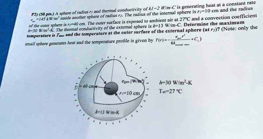 P2) (50 pts.) A sphere of radius r1 and thermal conductivity of k1=2 W/m-C is generating heat at ...