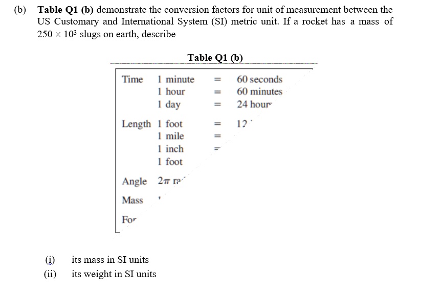 SOLVED: PLEASE ANSWER QUICKLY (b) Table Q1 (b) demonstrate the conversion factors for unit of ...