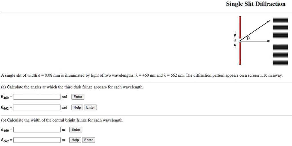 Single Slit Diffraction ? A single slit of width d = 0.08 mm is ...