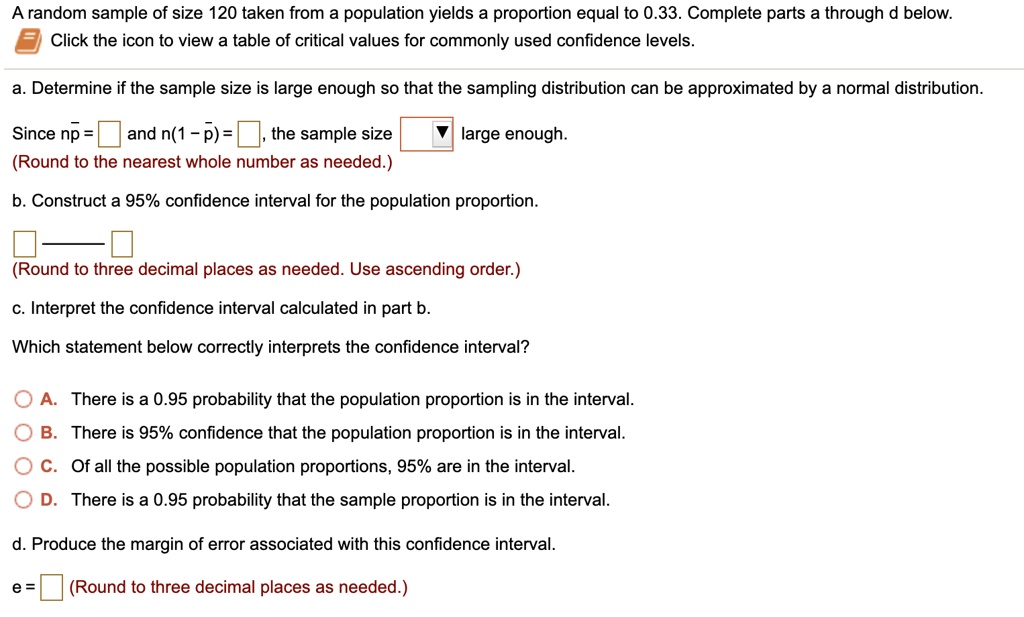 SOLVED: A random sample of size 120 taken from a population yields a ...