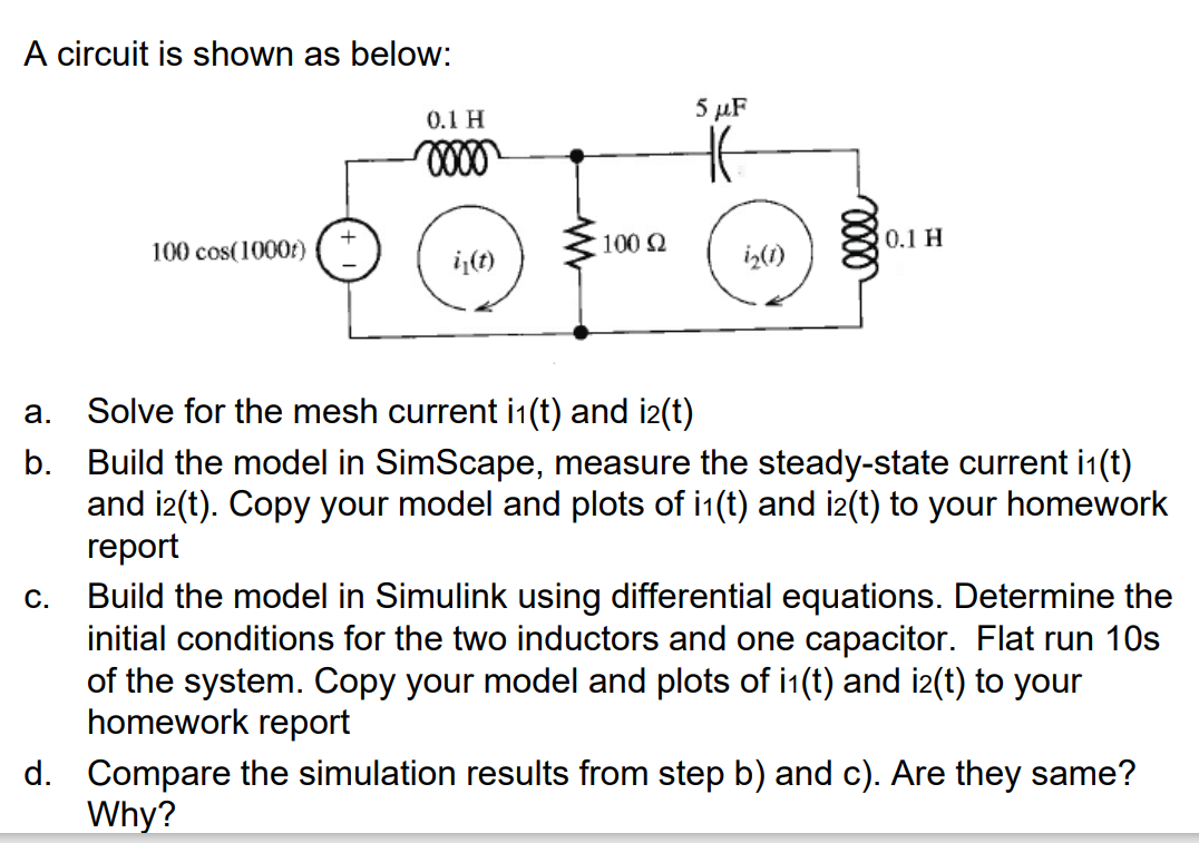 A circuit is shown as below: a. Solve for the mesh current i1(t) and i2(t) b. Build the model in ...