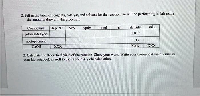 SOLVED: 2. Fill in the table of reagents, catalyst, and solvent for the reaction we will be ...