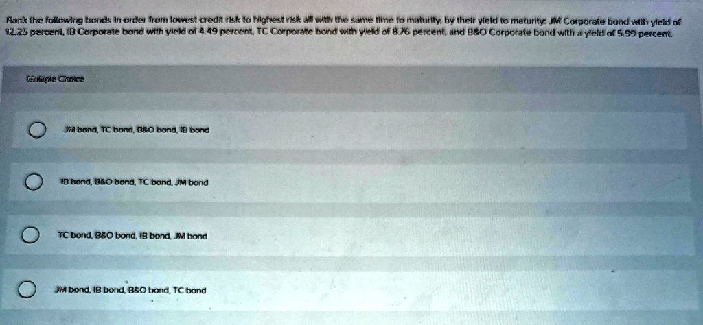 Rank the following bonds in order from lowest credit risk to...