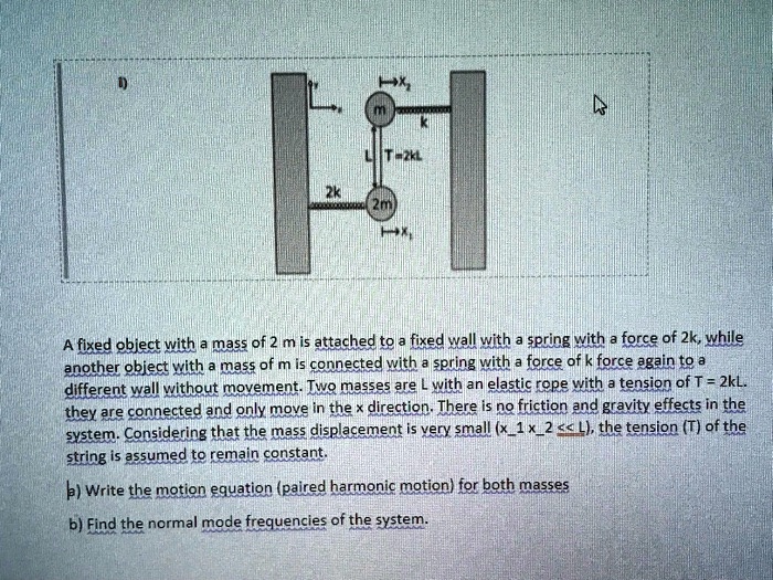 m k L T=2kL 2k 2m A fixed object with a mass of 2 m is attached to a ...