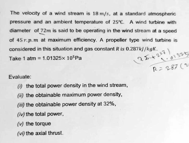 SOLVED: The velocity of a wind stream is 18 m/s at a standard ...
