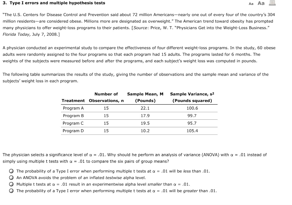 SOLVED: Type I errors and multiple hypothesis tests Aa Fl The US ...