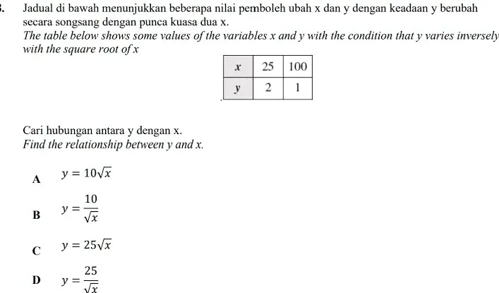 SOLVED: The table below shows some values of the variables x and y with the condition that y ...