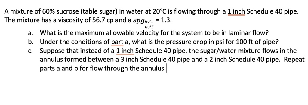 A mixture of 60% sucrose (table sugar) in water at 20°C is flowing ...