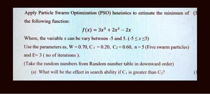 SOLVED: please calculate manually Apply Particle Swarm Optimization (PSO heuristics to estimate ...