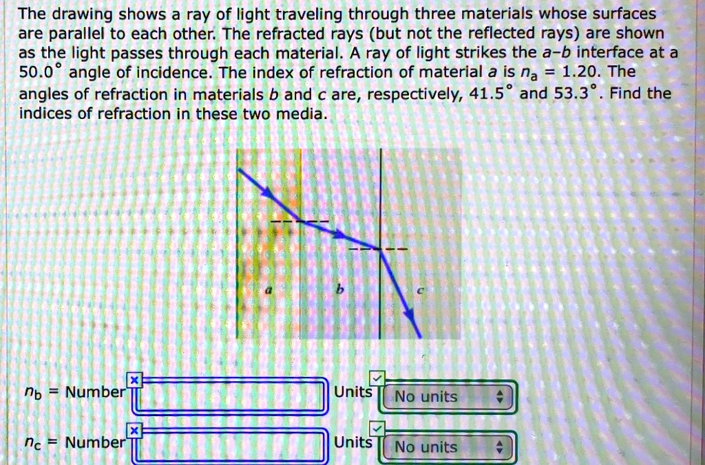 SOLVED: The drawing shows a ray of light traveling through three materials whose surfaces are ...
