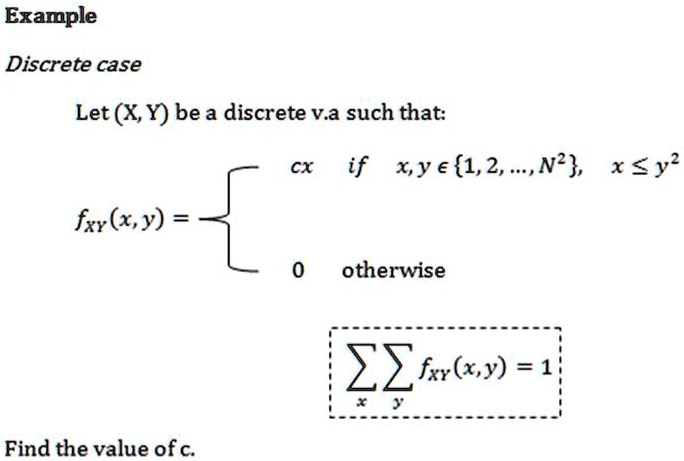 SOLVED: Example Discrete case Let (X, Y) be a discrete va such that: Cx if x,ye1,2,,N x