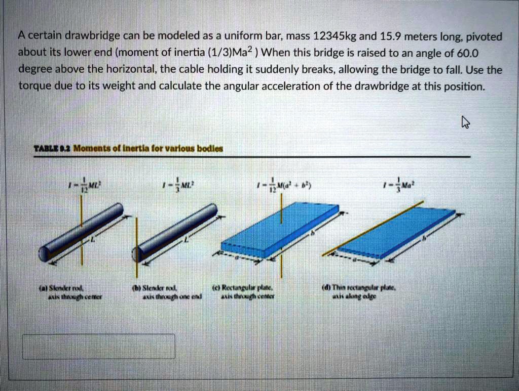 SOLVED: A certain drawbridge can be modeled as a uniform bar with a ...