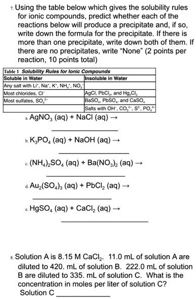 using the table below which gives the solubility rules for ionic compounds predict whether each ...