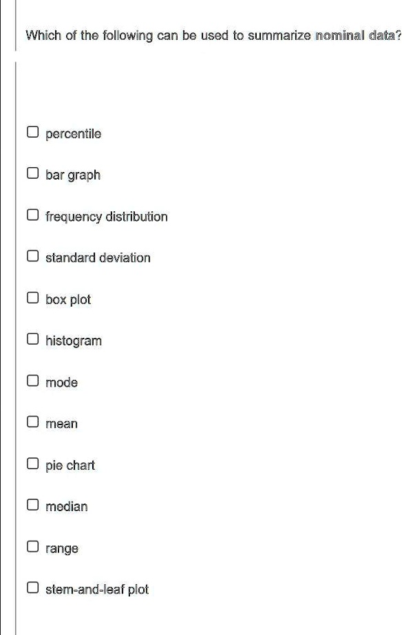 SOLVED: Which of the following can be used to summarize nominal data? - percentile - bar graph ...