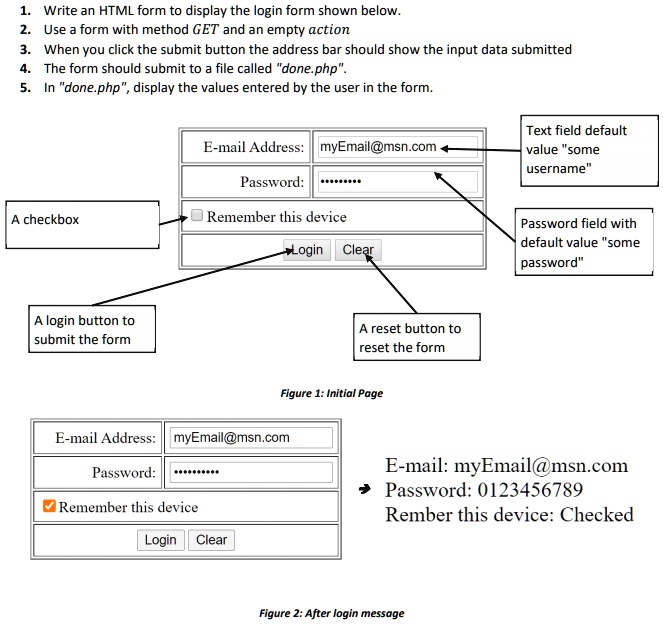 SOLVED: Write an HTML form to display the login form shown below. Use a form with method GET and ...