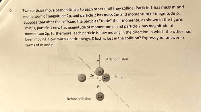 2. Two particles move perpendicular to each other until they collide. Particle 1 has mass m and ...