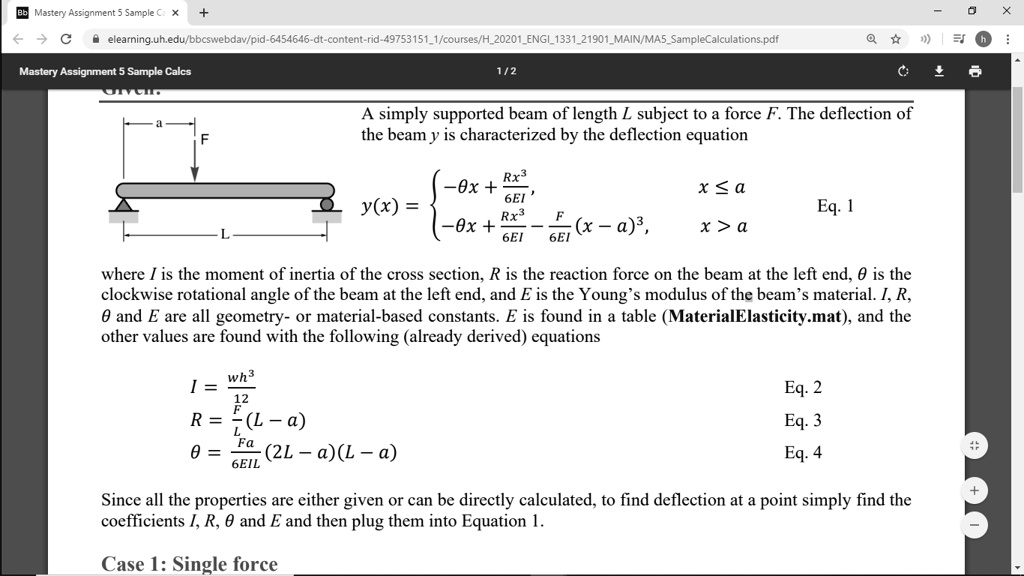 In MATLAB, using Eq. 1 through Eq. 4, what is the total deflection of the beam caused by all of ...