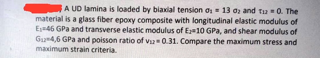 SOLVED: A UD lamina is loaded by biaxial tension σ₁₂ = 13 MPa and σ₁₁ ...