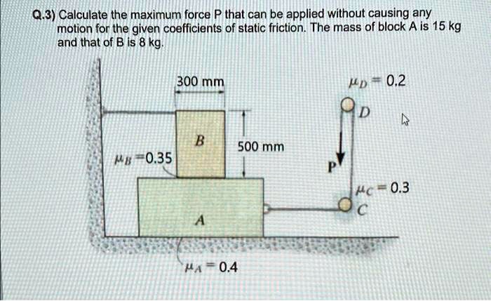 SOLVED: Q.3) Calculate the maximum force P that can be applied without causing any motion for ...