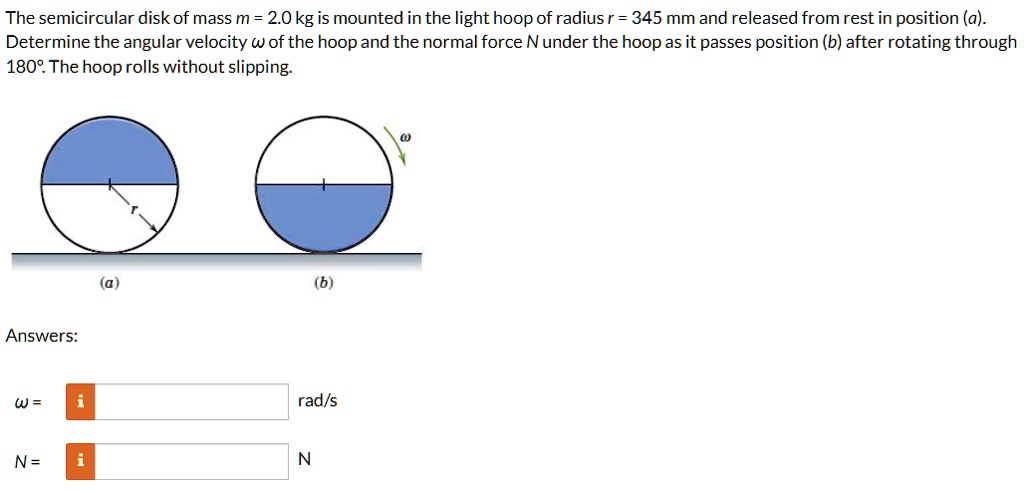 SOLVED: The semicircular disk of mass m = 2.0 kg is mounted in the light hoop of radius r = 345 ...