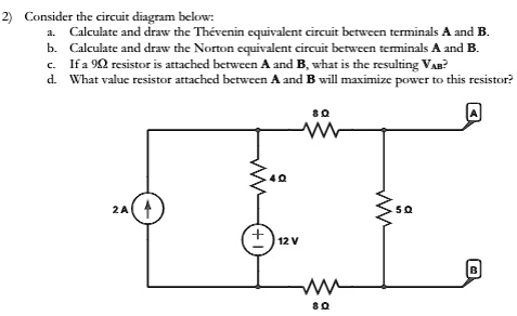 2) Consider the circuit diagram below: a. Calculate and draw the Thévenin equivalent circuit ...