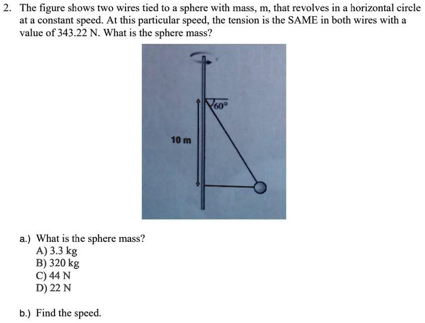 the figure shows two wires tied to a sphere with mass m that revolves in a horizontal circle at ...