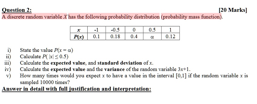 a discrete random variable x has the following probability distribution probability mass ...