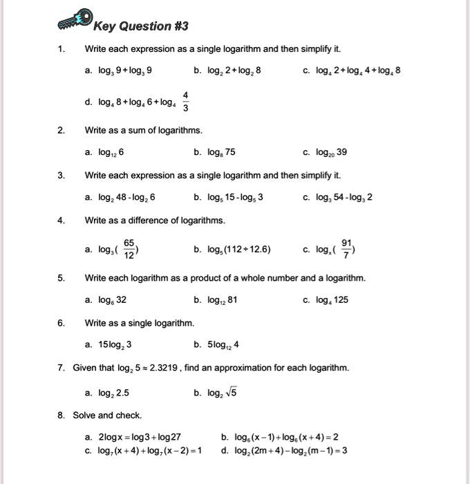 key question 3 write each expression as single logarithm and then ...