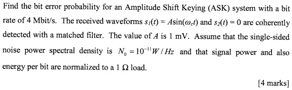 Find the bit error probability for an Amplitude Shift Keying (ASK ...
