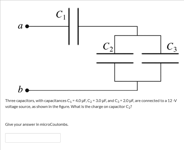 Three capacitors, with capacitances C1 = 4.0 Î¼F, C2 = 3.0 Î¼F, and C3 ...