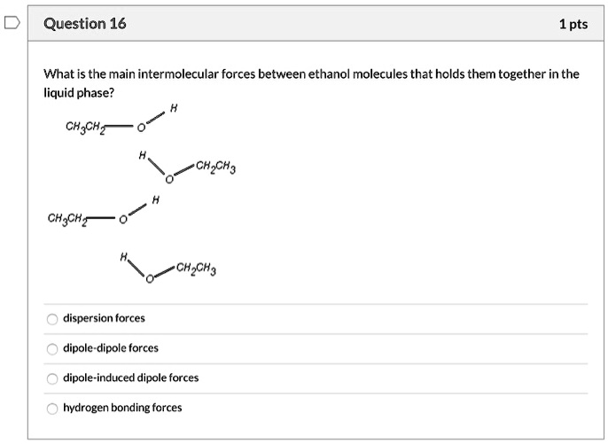 question 16 1pts what is the main intermolecular forces between ethanol ...