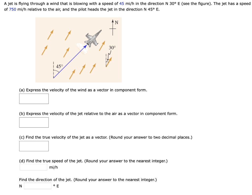 SOLVED: A jet is flying through wind that is blowing with a speed of 45 ...