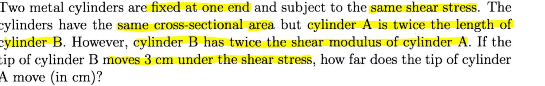 Two metal cylinders are fixed at one end and subject to the same shear ...