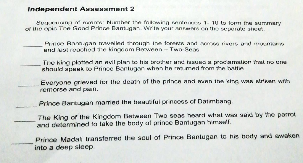 SOLVED: Independent Assessment 2 Sequencing of events: Number the ...