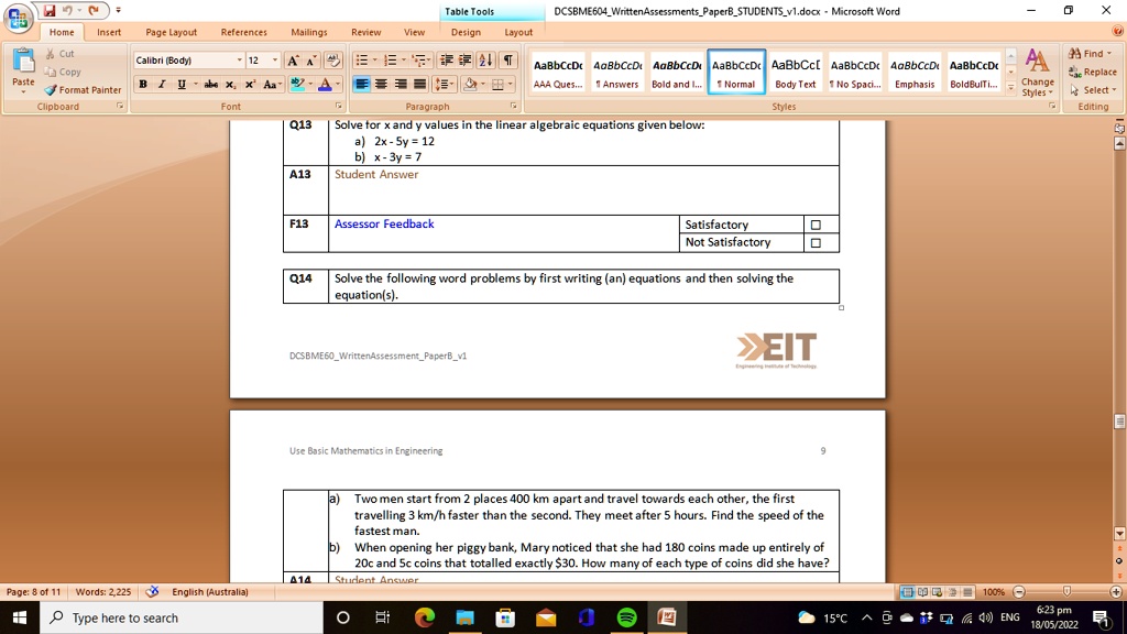 SOLVED: Table Tools DCSBME604WrittenAssessmentsPaperBSTUDENTSv1.docx ...