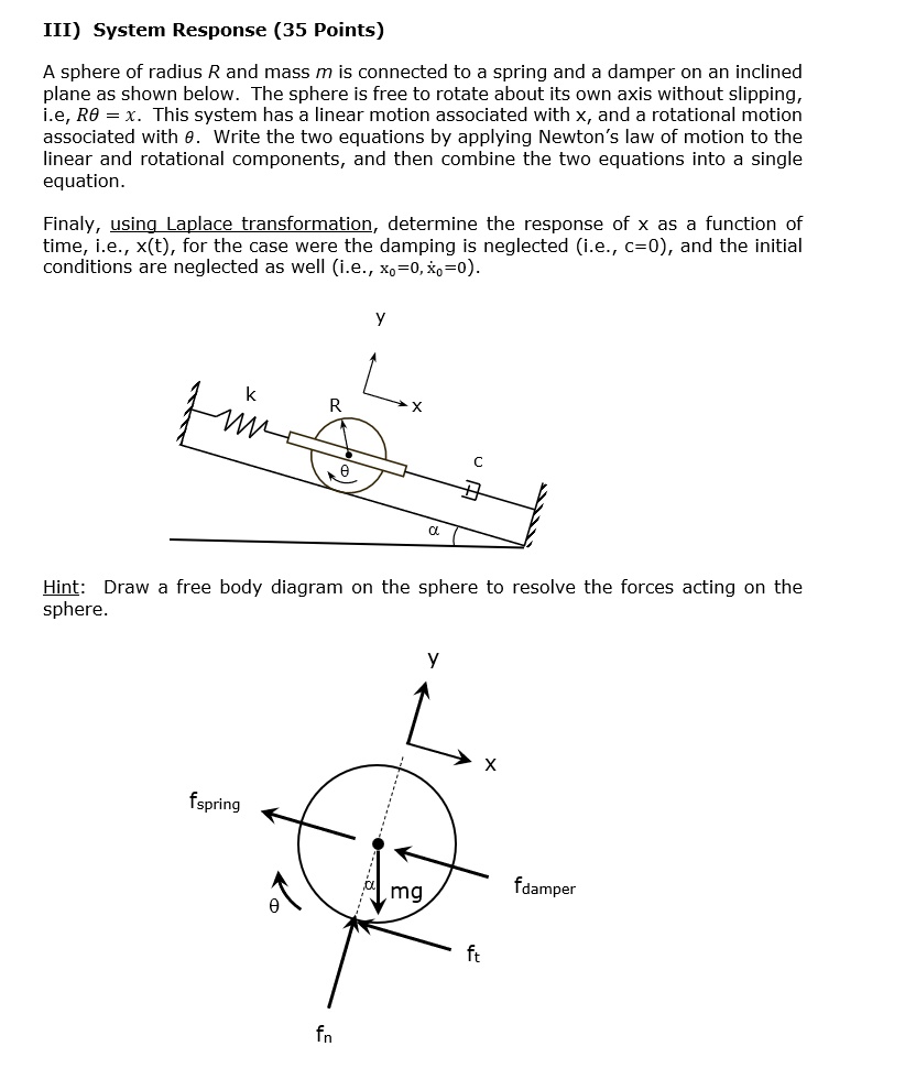 iii system response 35 points a sphere of radius r and mass m is connected to a spring and a ...
