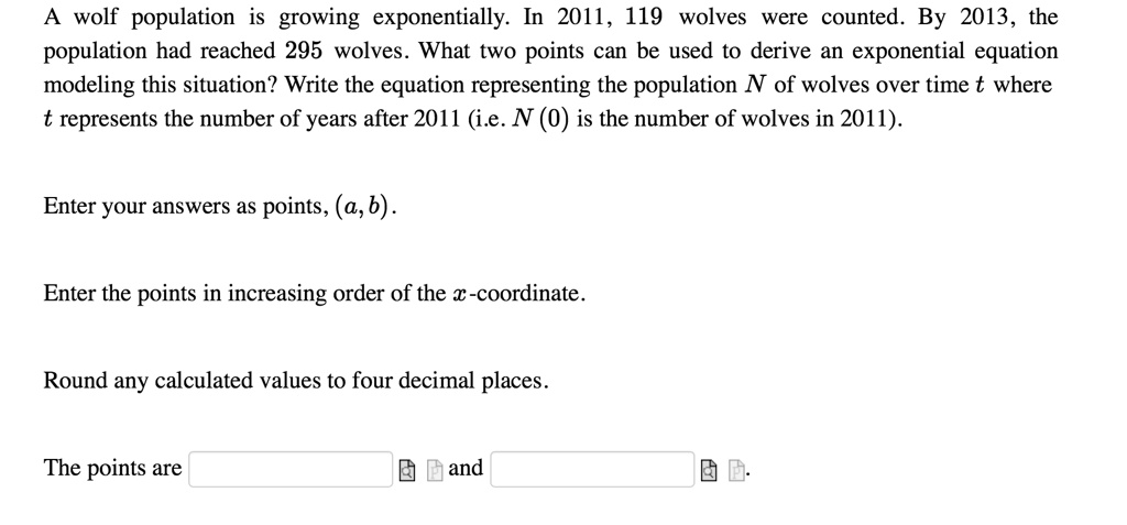 A wolf population is growing exponentially. In 2011, 119 wolves were ...