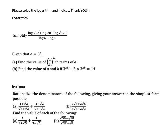 SOLVED:Please solve the logarithm and indices: Thank YOU! Logarithm log ...
