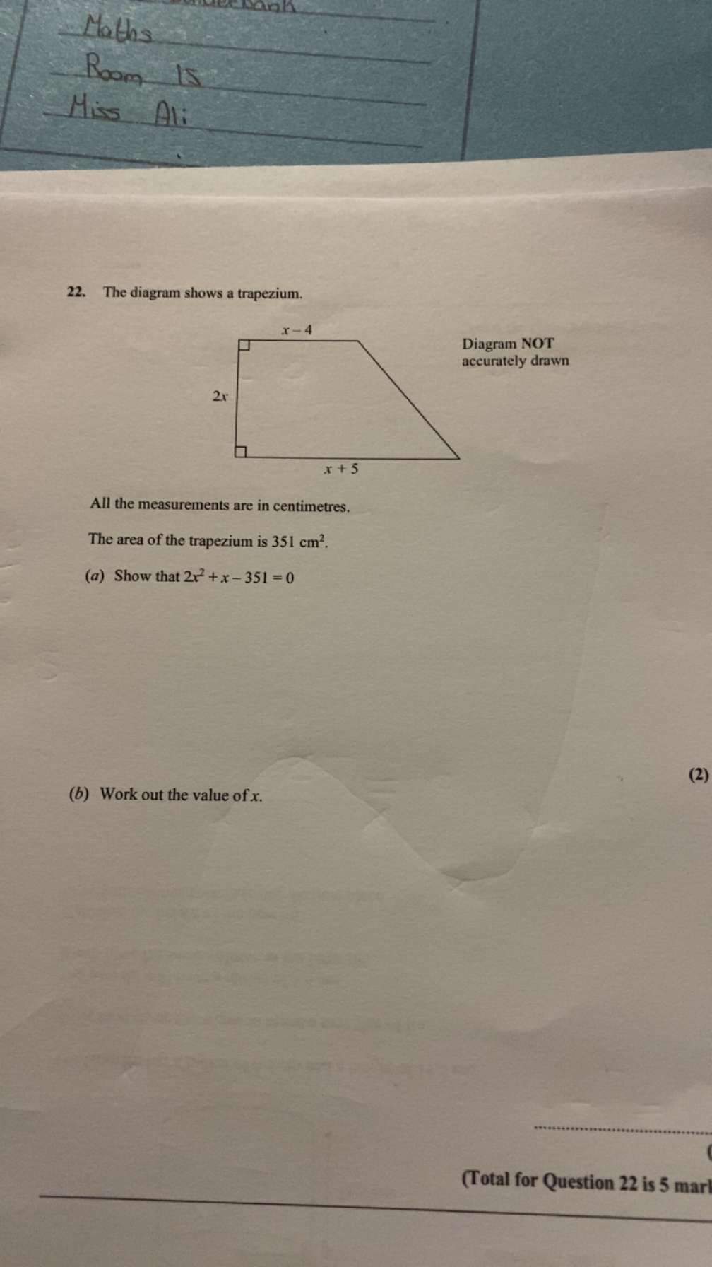 SOLVED: 22. The diagram shows a trapezium. All the measurements are in centimetres. The area of ...