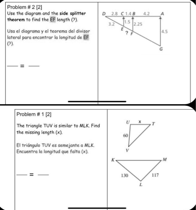 SOLVED:Problem # 2 [2] Use the diagram and the side splitter theorem to ...