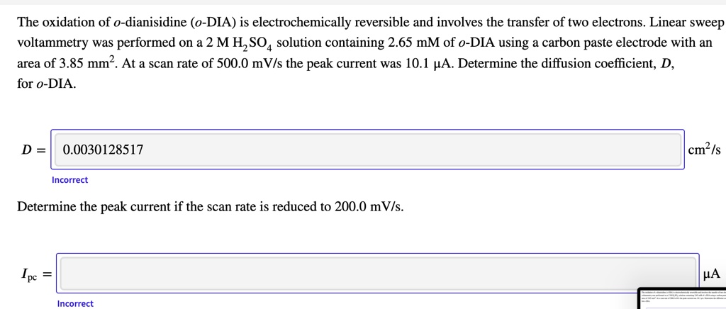 SOLVED: The oxidation of 0-dianisidine (0-DIA) is electrochemically reversible and involves the ...