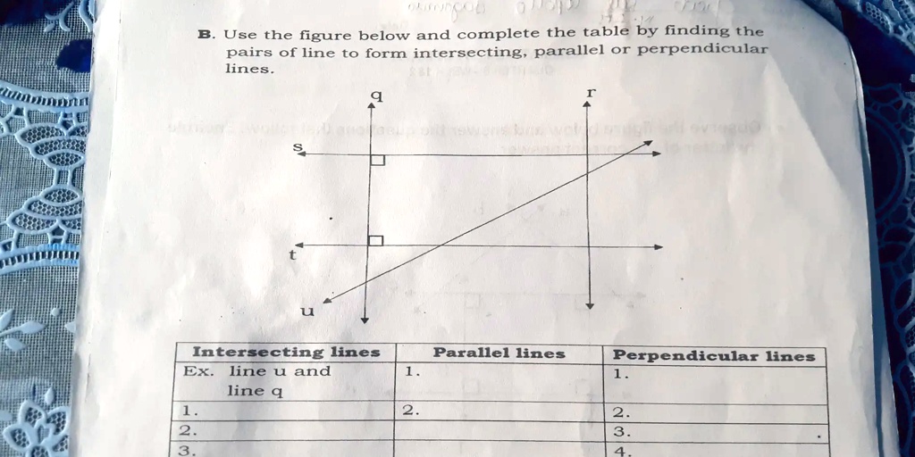 B. Use the figure below and complete the table by finding the pairs of line to form intersecting ...